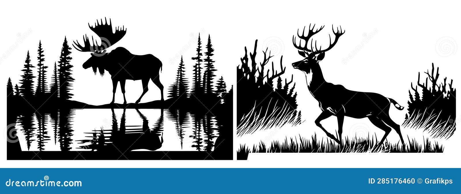 Moose and Deer in Forest, Vector Illustration on a White Background ...