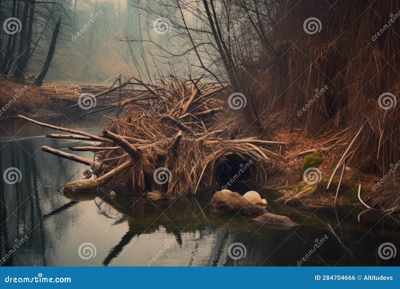 Logs and Branches Gathered for a Beaver Dam Stock Illustration ...