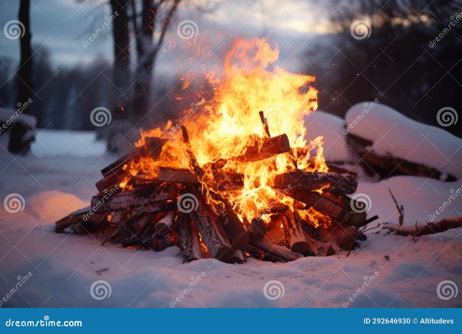 Logs Catching Fire in a Snow-surrounded Bonfire Stock Photo - Image of ...