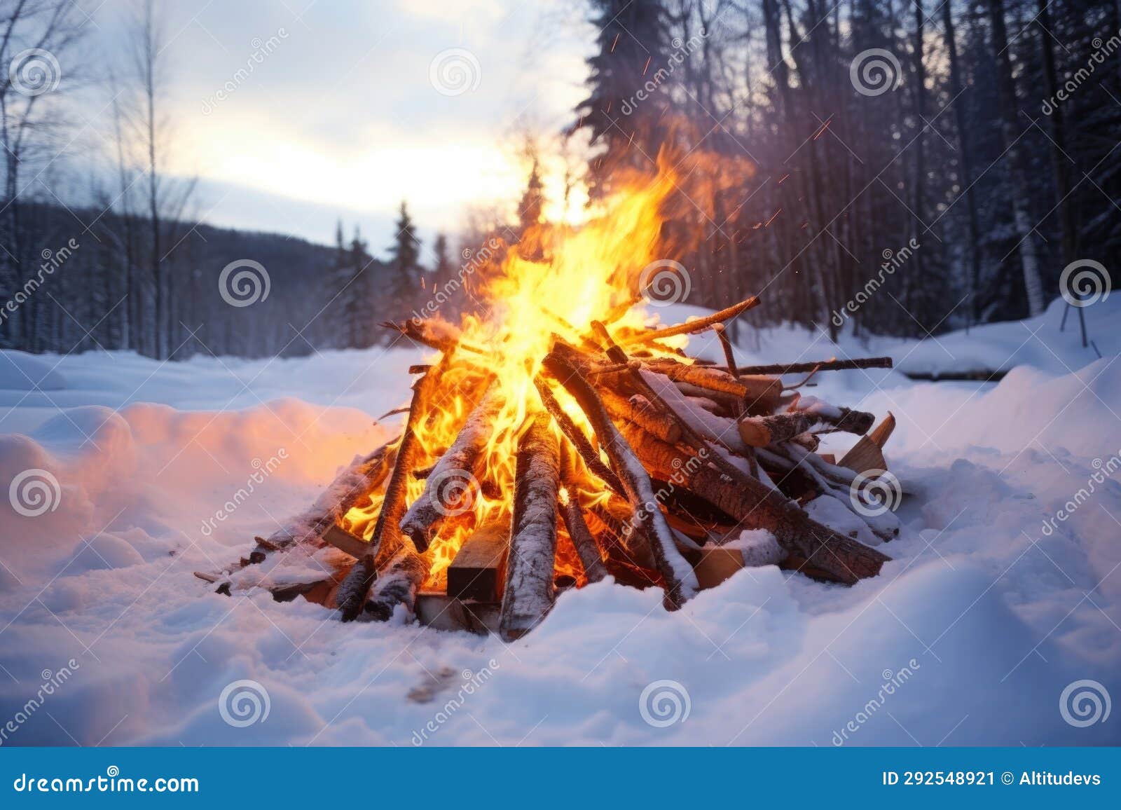 Logs Catching Fire in a Snow-surrounded Bonfire Stock Illustration ...