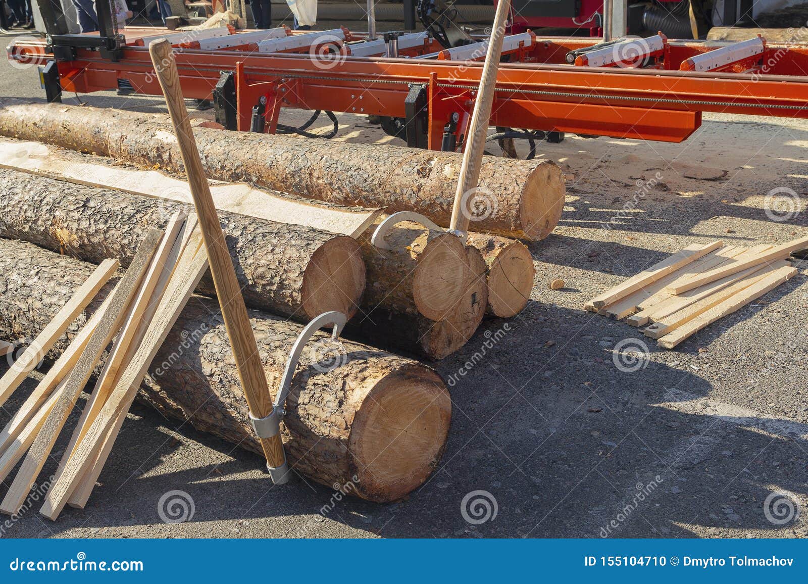Logs and Machine for Sawing Logs at the Sawmill Stock Photo - Image of ...