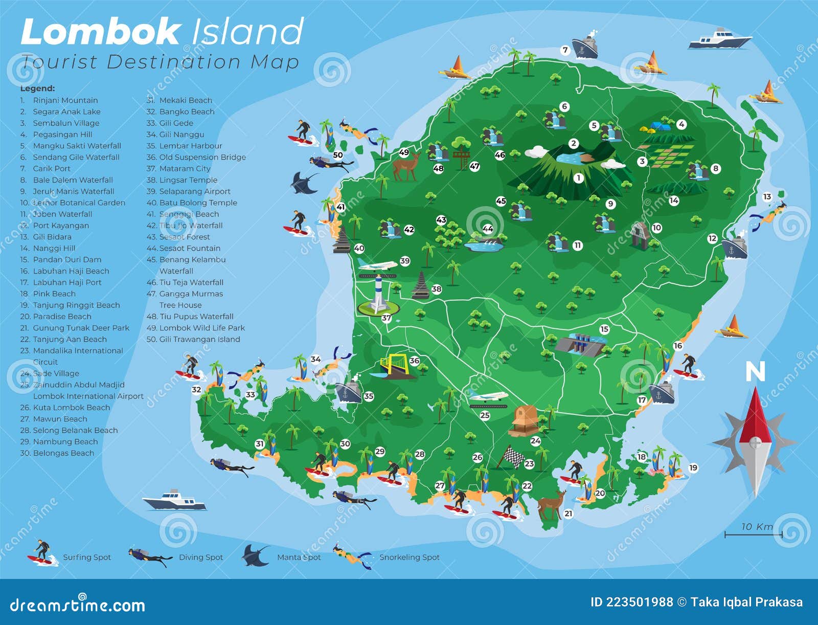 Lombok Island Tourist Destination Map Stock Vector - Illustration of ...