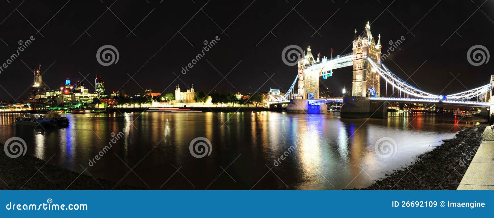 London Bridge Over Thames River Night Panorama, UK Stock Image - Image ...