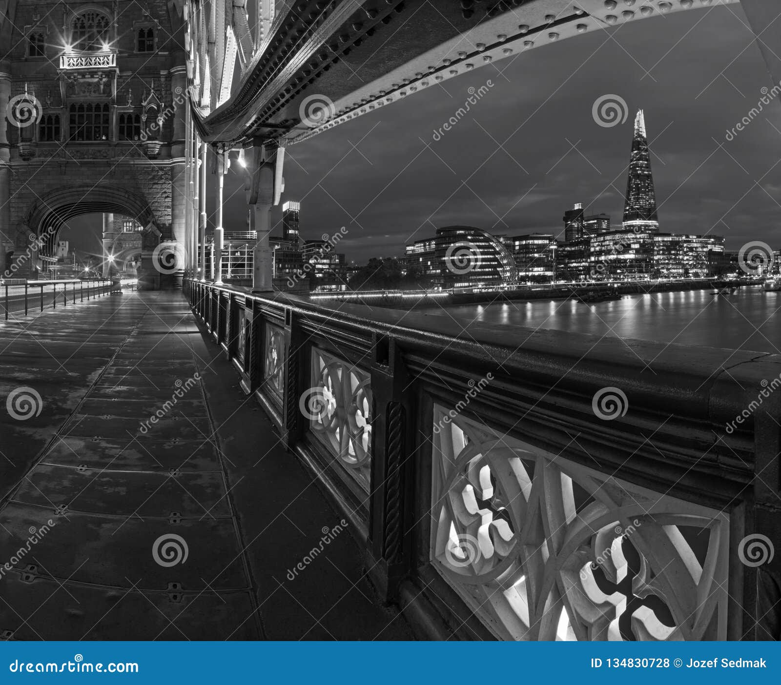 London - the Metal Construction of Tower Bride and Skyscraper at Dusk ...
