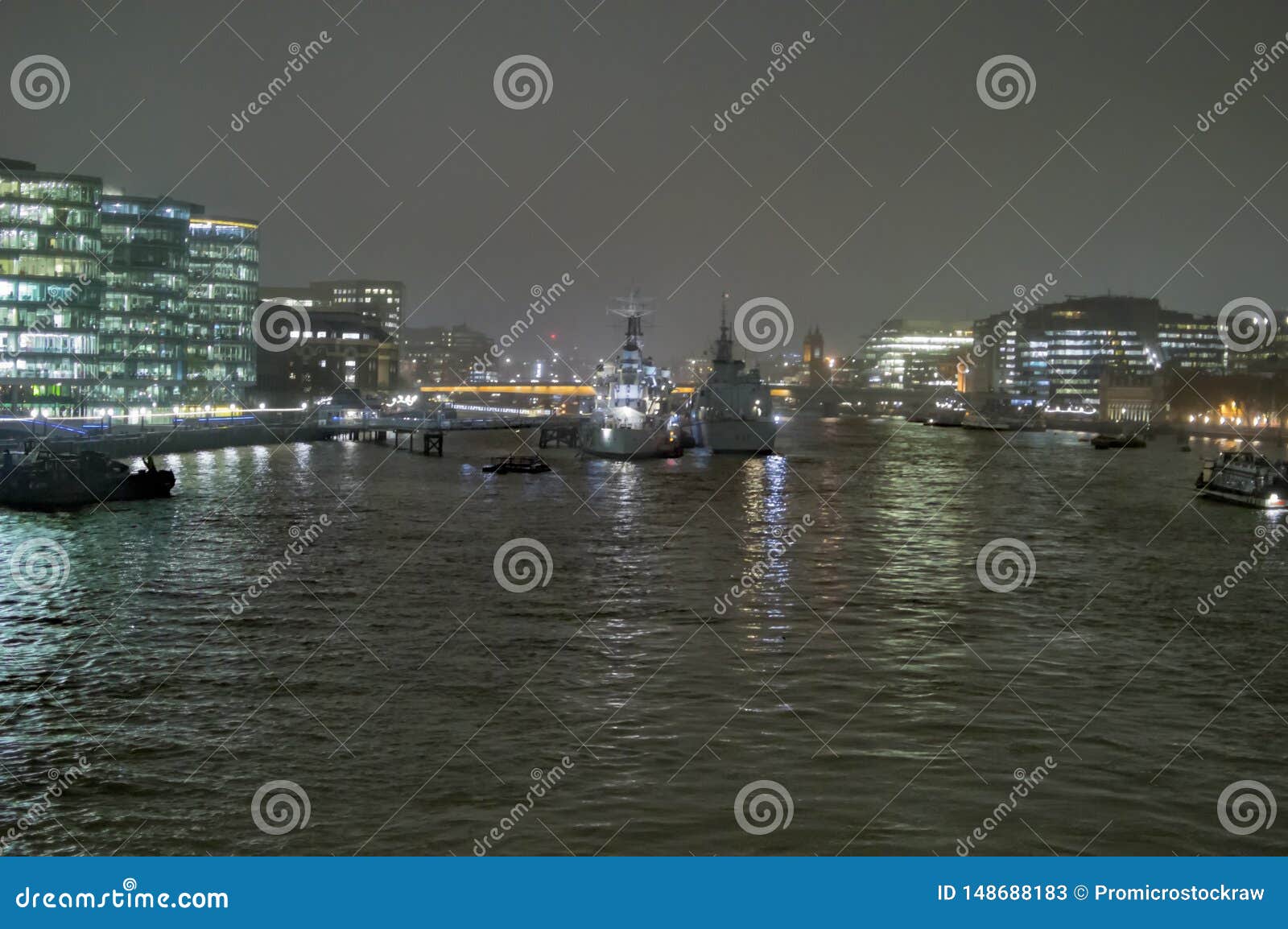 London Skyline Over River Thames in Night Showing Reflection Stock ...