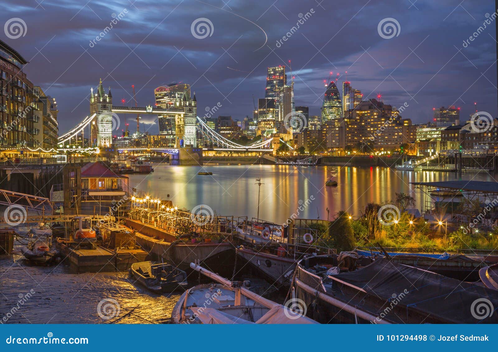 London - the Tower Bride, Ships and Skyscrapers at Dusk Stock Photo ...