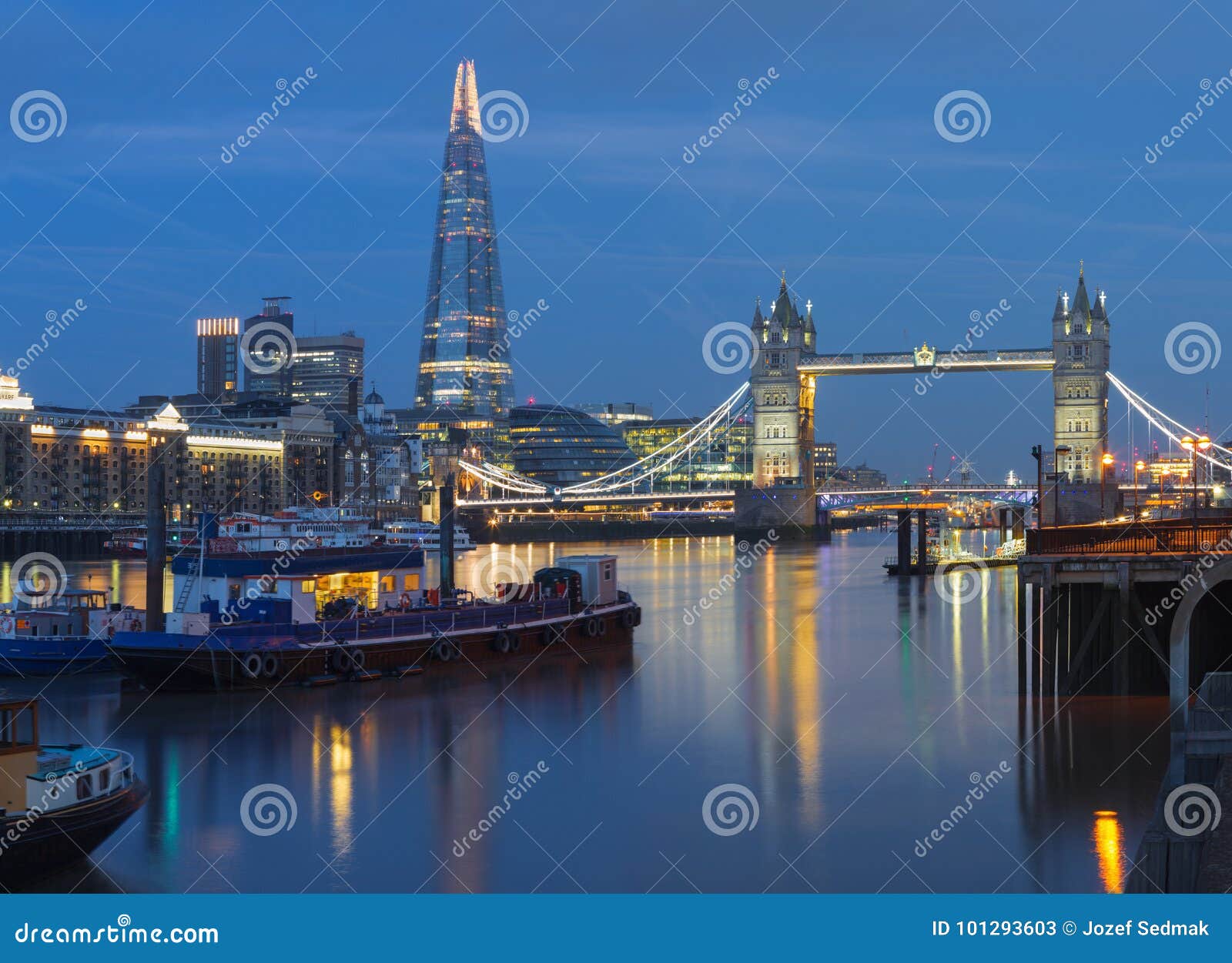 London - the Tower Bride and the Skyscraper Shard at Dusk Editorial ...