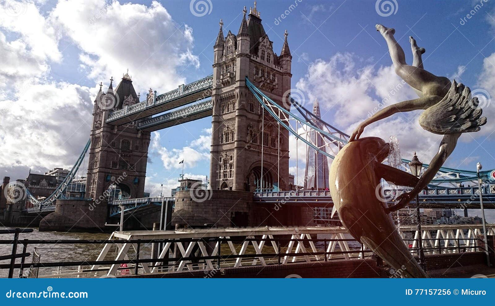 London Tower Bridge with Statue Stock Photo - Image of blue ...