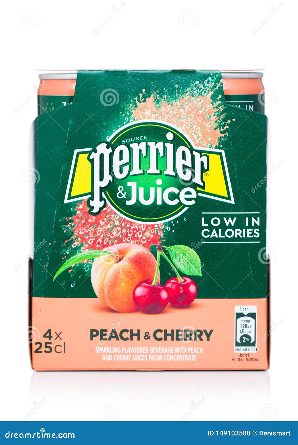 LONDON, UK - MAY 29, 2019: Pack of Perrier and Juice with Peach and ...