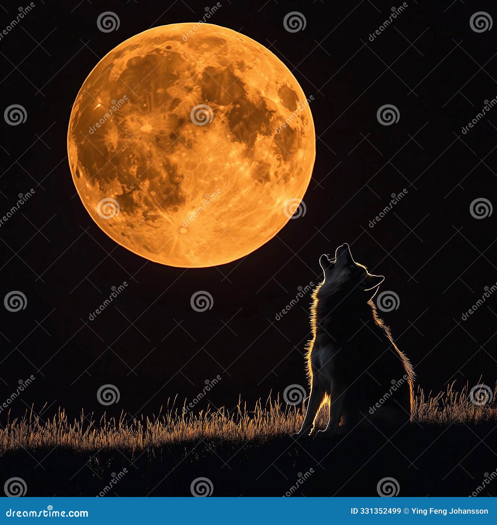 Lone Angry Wolf Howling In Dark Winter Night With Full Moon Royalty ...