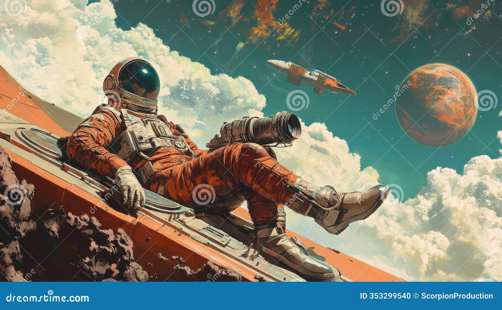 Astronaut Reclining on Spacecraft with Cosmic View Stock Photo - Image ...