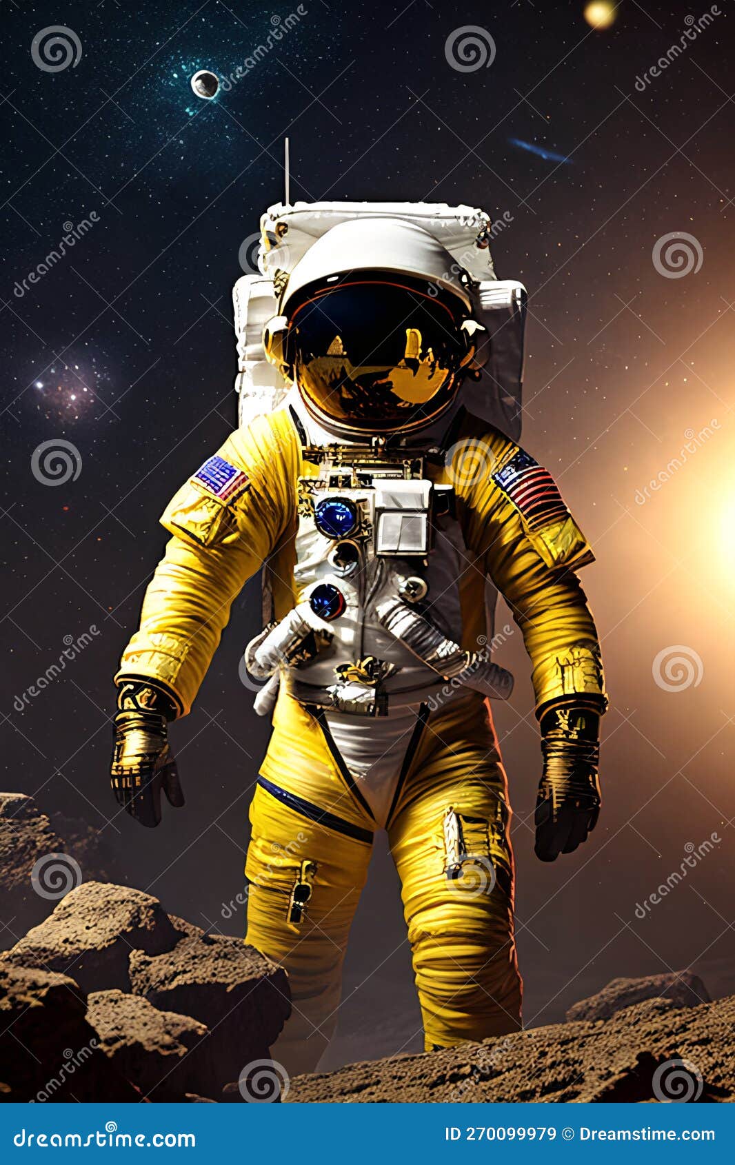 A Lone Astronaut Steps Forward on a Rocky Desert Planet Stock ...