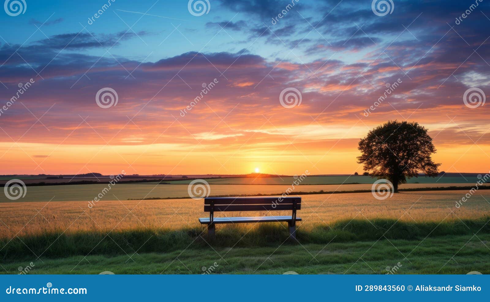 A Lone Bench in a Field Taken during a Low Sunset Stock Photo - Image ...