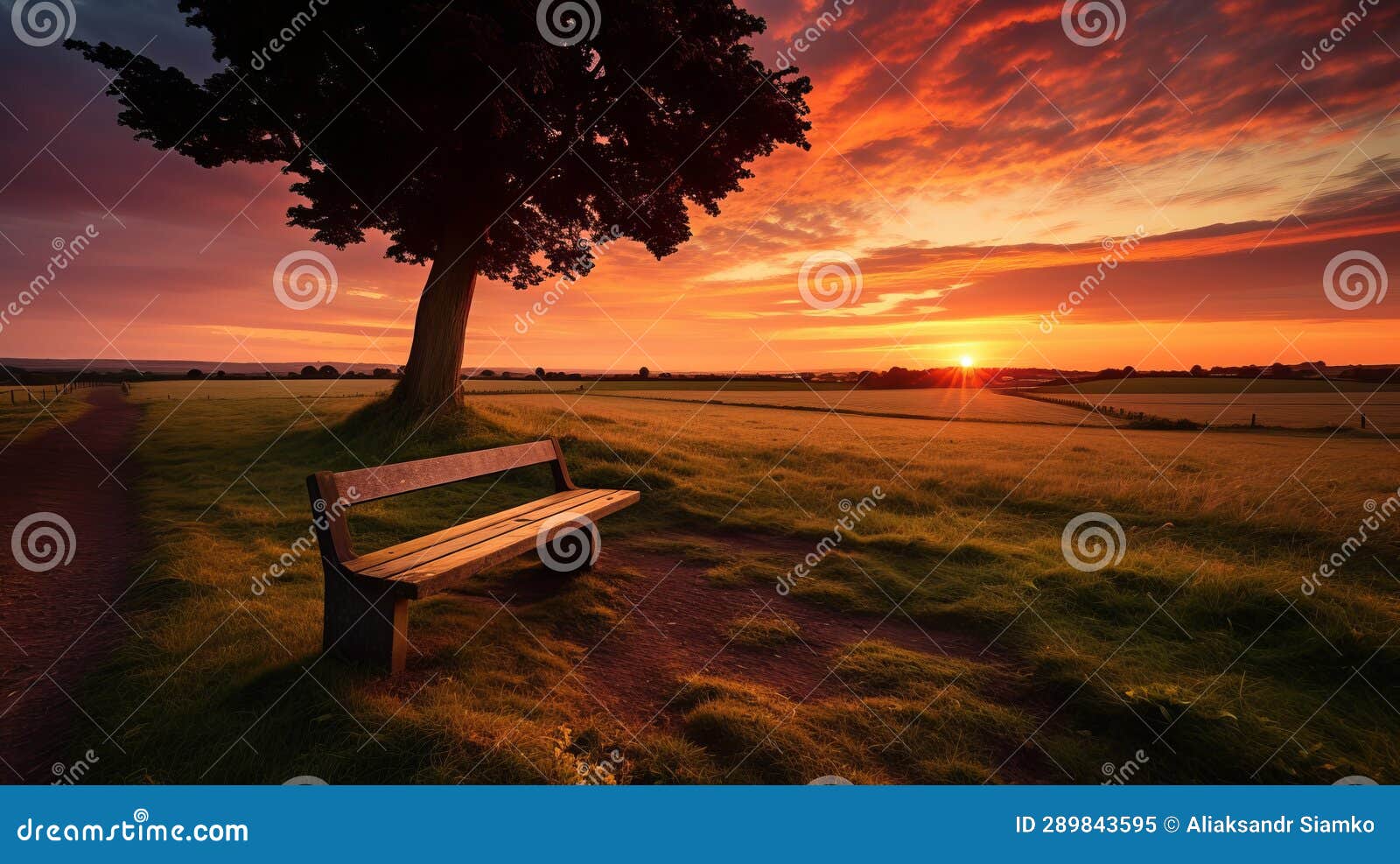 A Lone Bench in a Field Taken during a Low Sunset Stock Image - Image ...