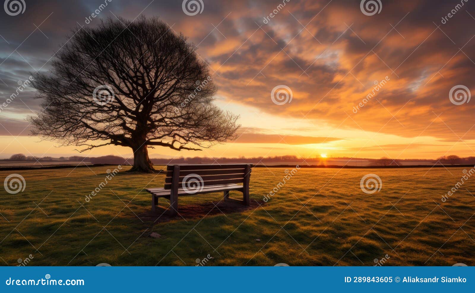 A Lone Bench in a Field Taken during a Low Sunset Stock Image - Image ...