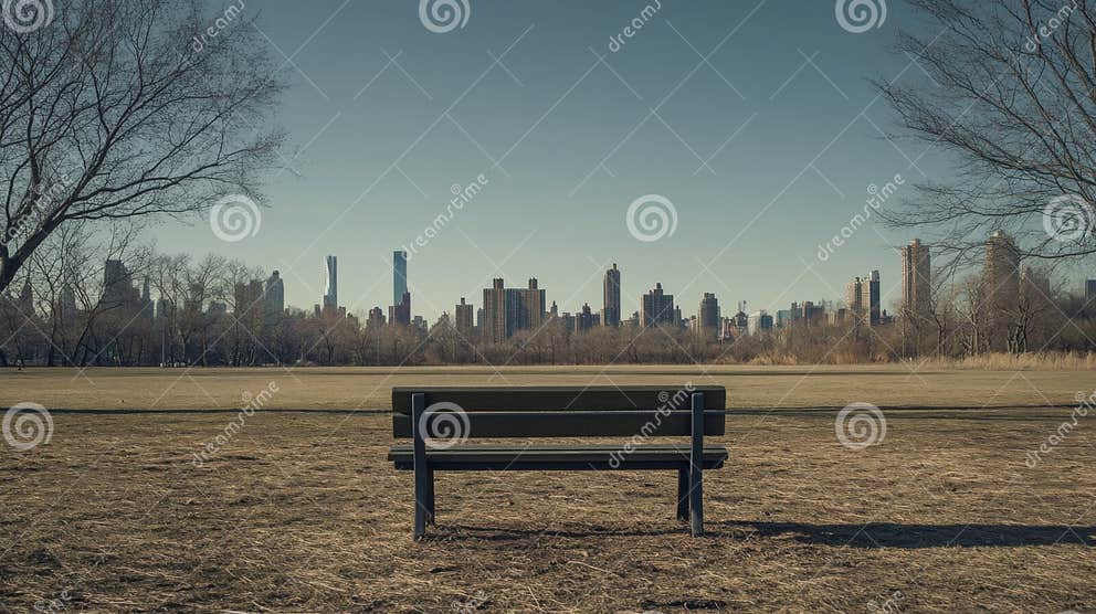 A Lone Bench Overlooking a City Skyline Stock Illustration ...