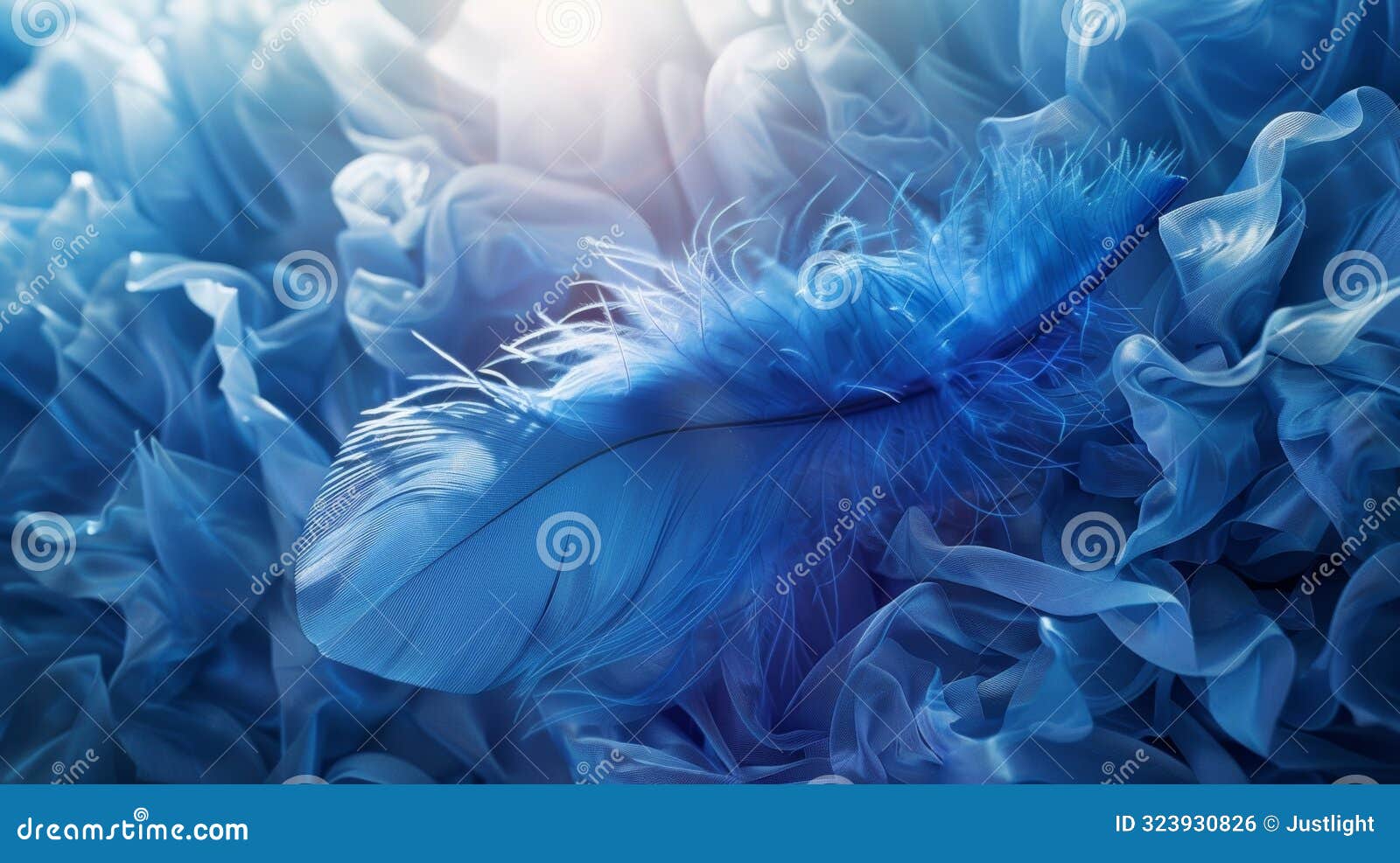 A Lone Blue Feather Cascading Down a Sea of Ruffled Fabric Creating a ...