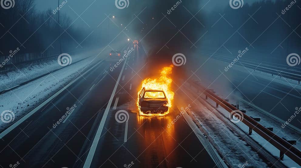 A Lone Car Burns on the Autobahn Stock Image - Image of road, burn ...