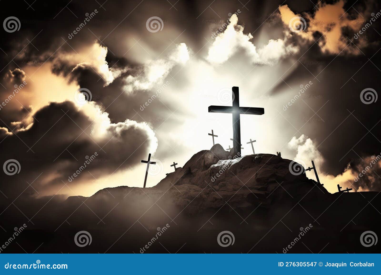 A Lone Catholic Cross on Top of a Hill with Glowing Heavenly Rays. Ai ...