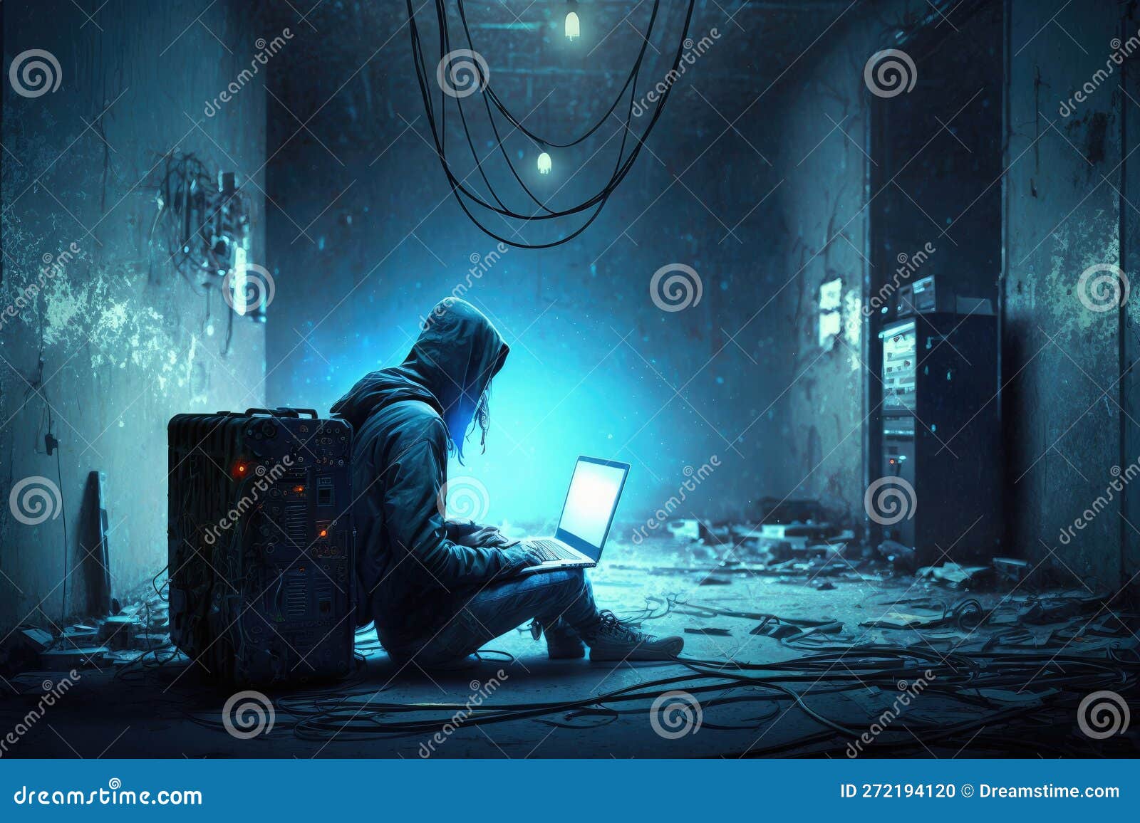 Lone Computer Engineer Sits with Laptop Amidst the Ruins of an ...