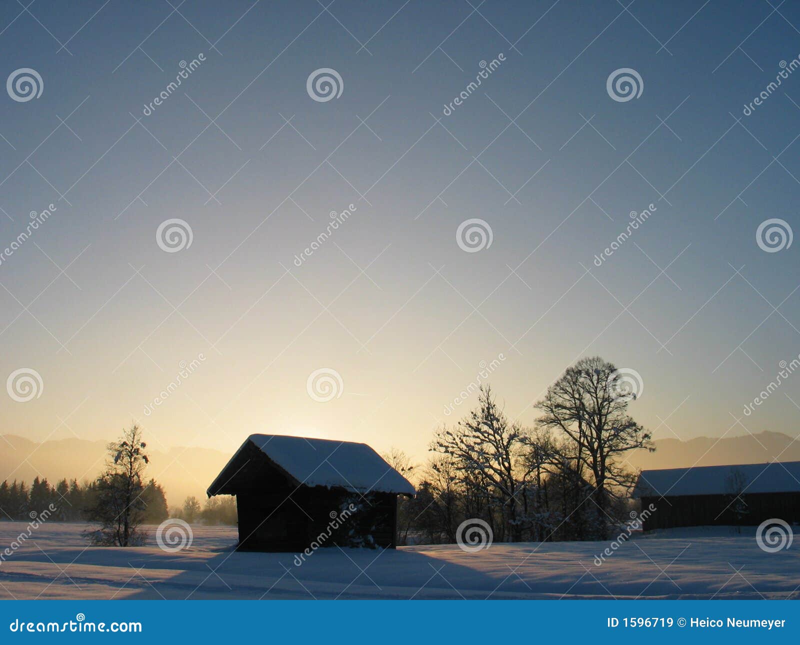 Lone Cottage in Snow Landscape with Sunset Stock Image - Image of ...