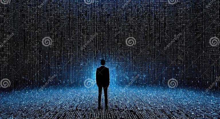 Lone Figure Illuminated by Radiant Lines of Binary Code in Dark Setting ...