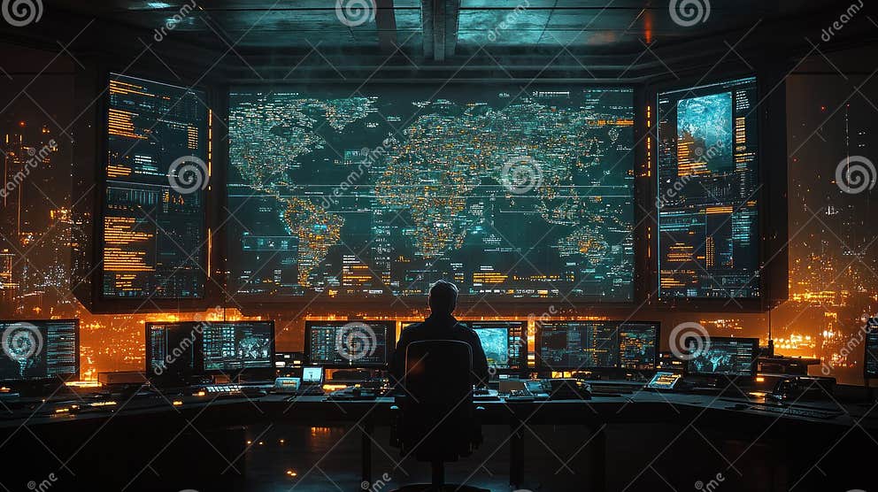 A Lone Figure Sits in a Darkened Control Room, Facing a Giant Screen ...