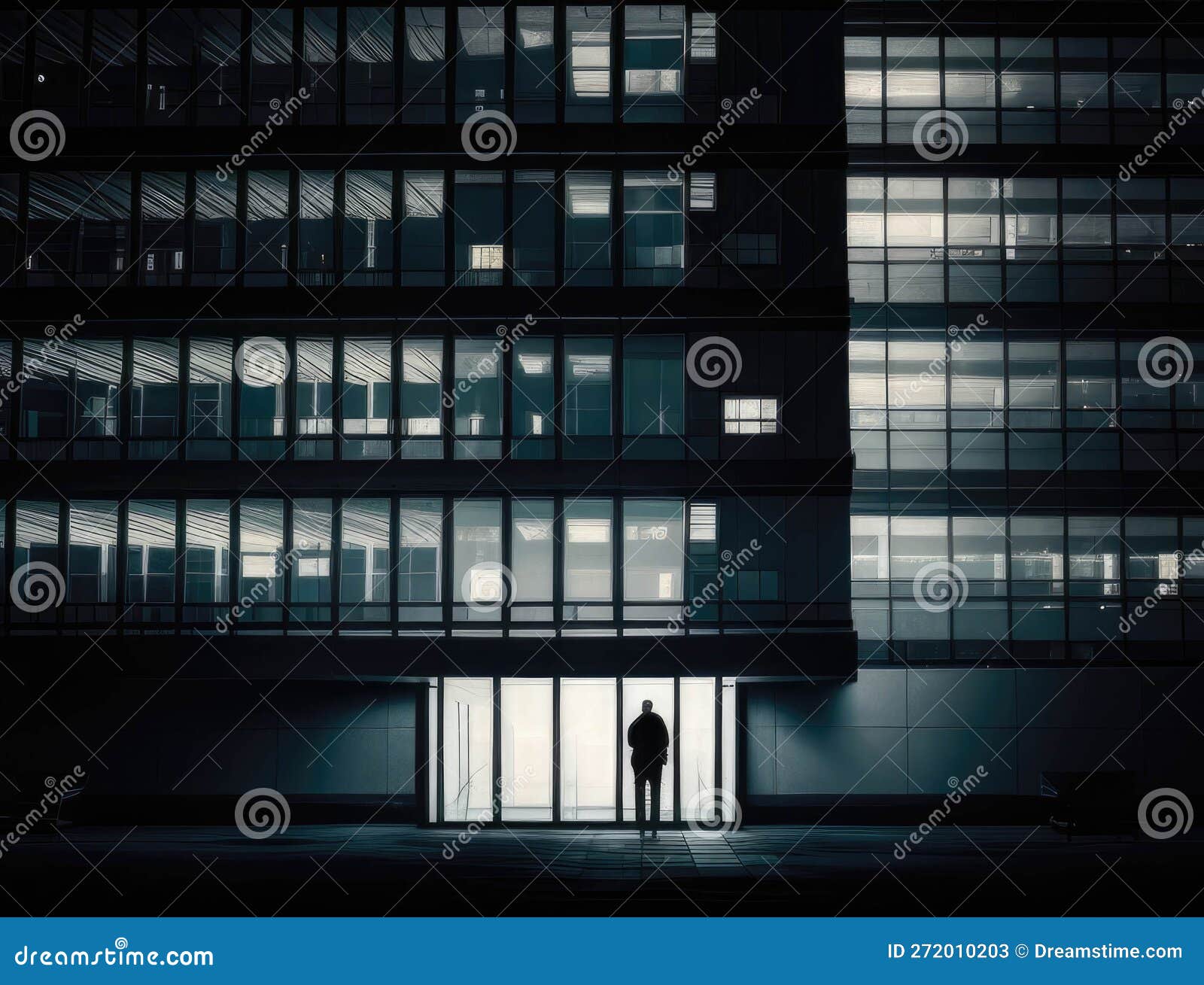 A Lone Figure Standing in an Illuminated Office Building Late at Night ...