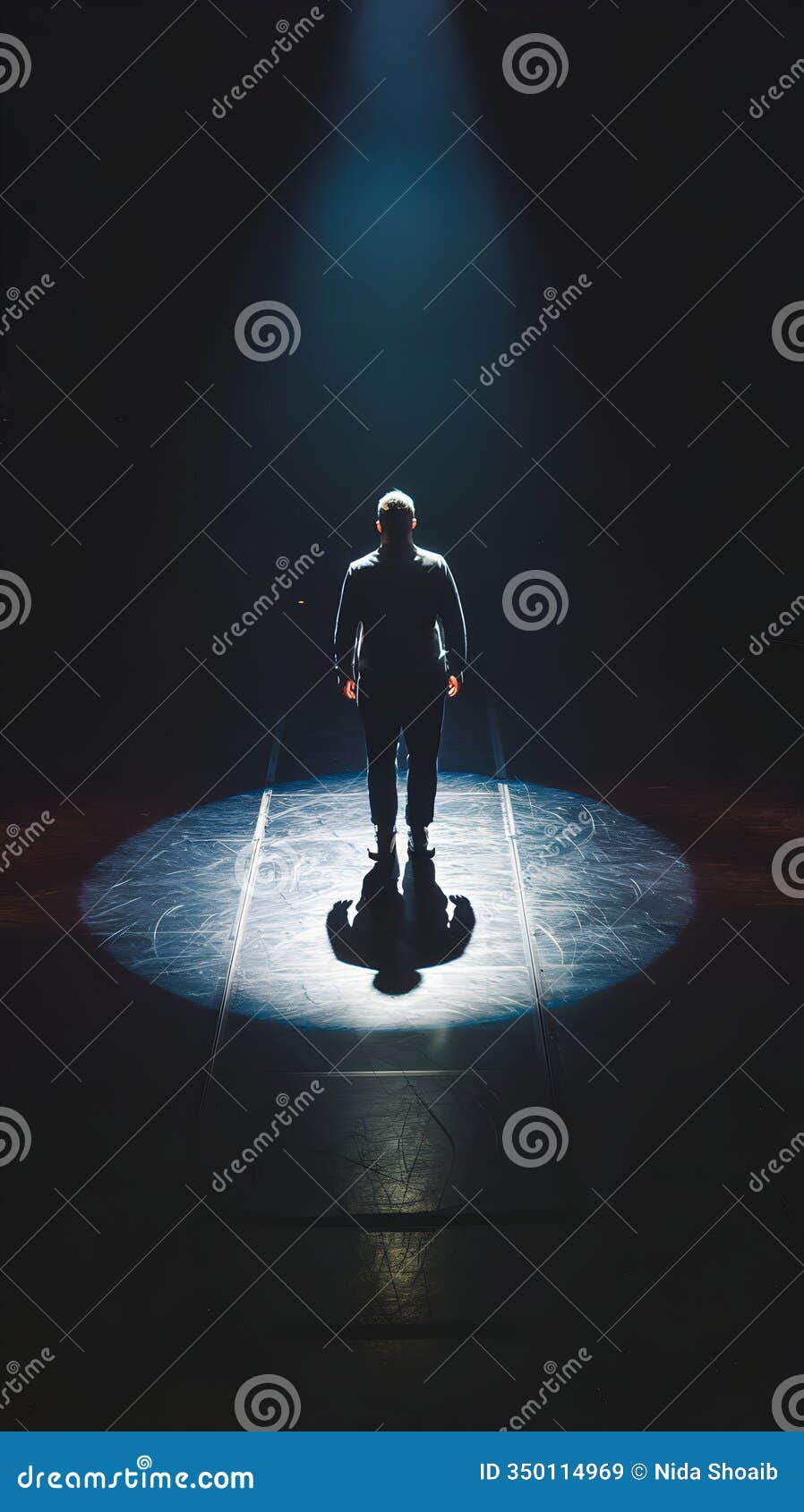 Lone Figure Stands in Spotlight on Dark Stage, Casting Shadow, Creating ...
