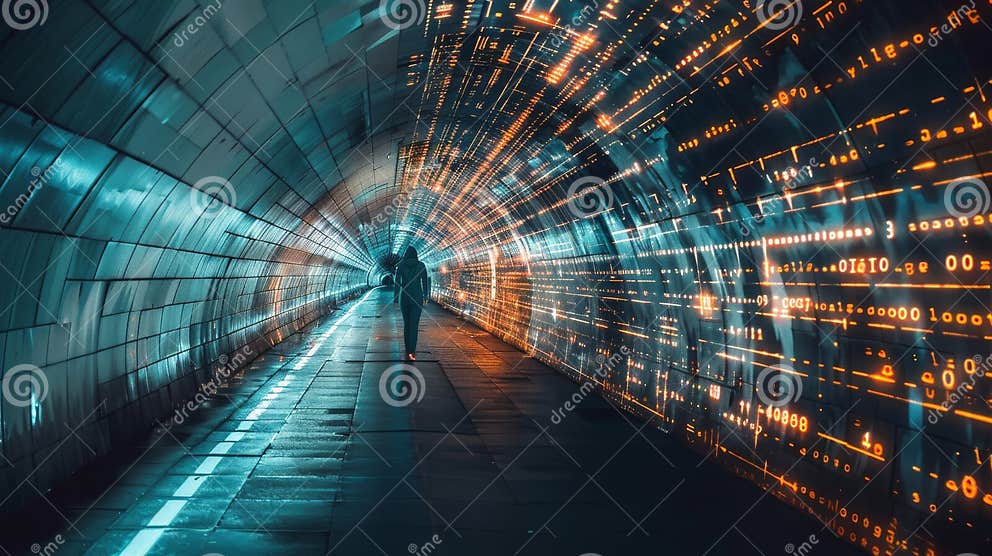 A Lone Figure Walks Down a Futuristic Tunnel Illuminated by Patterns of ...