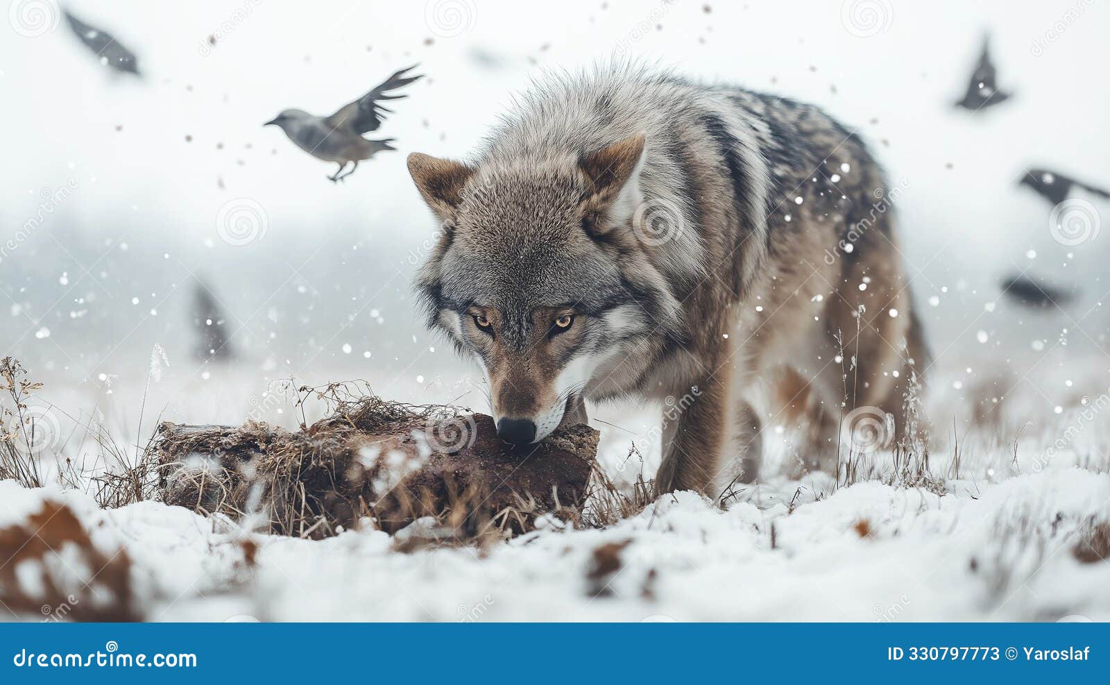 Majestic Gray Wolf in Snowy Forest with Crows Flying Around, Wildlife ...