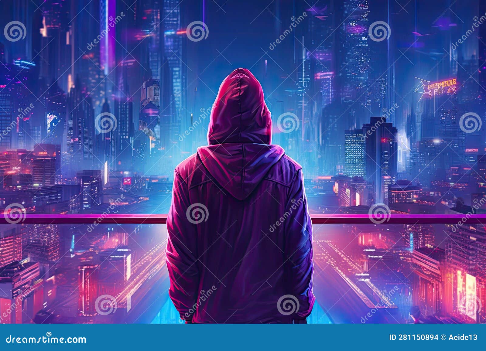 Lone Hacker Looks Over a Technological Future City Landscape. Abstract ...