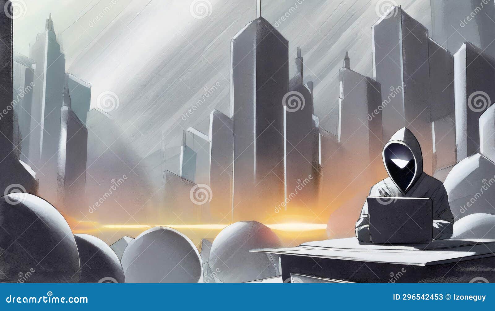 A Lone Hacker Sitting at a Table Trying To Hack into City Servers ...