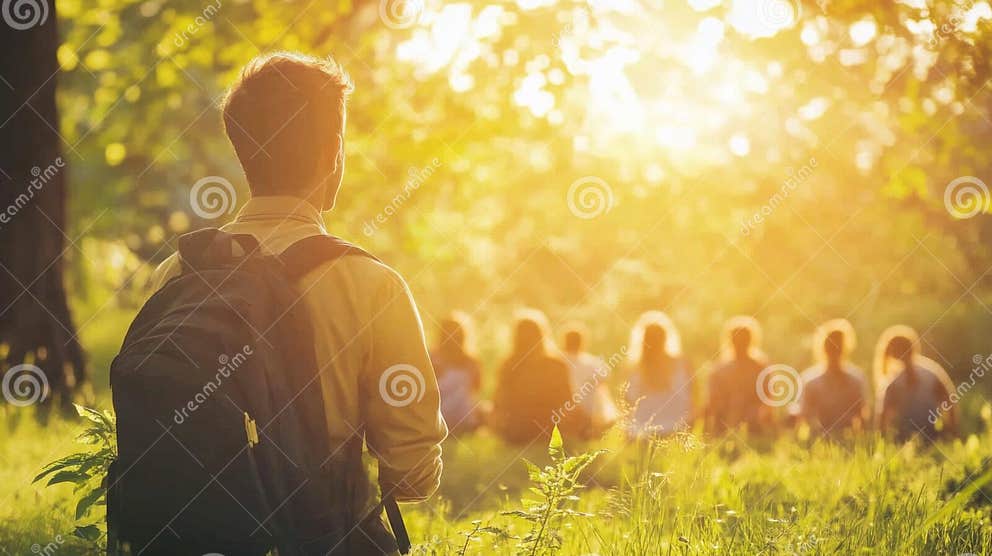 A Lone Hiker with a Backpack Facing the Setting Sun in a Forest ...