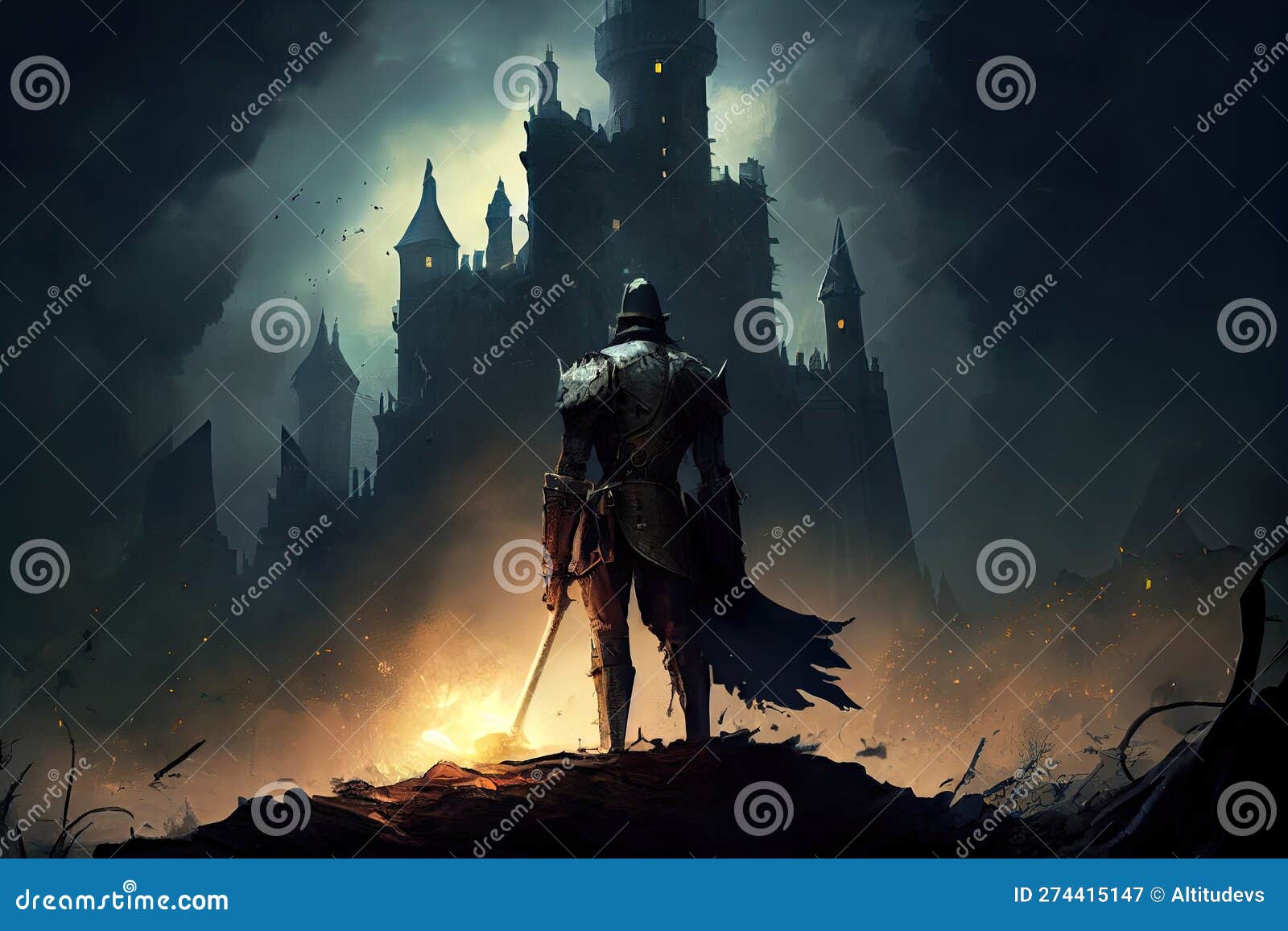A Lone Knight Storming a Dark and Foreboding Castle, Surrounded by His ...