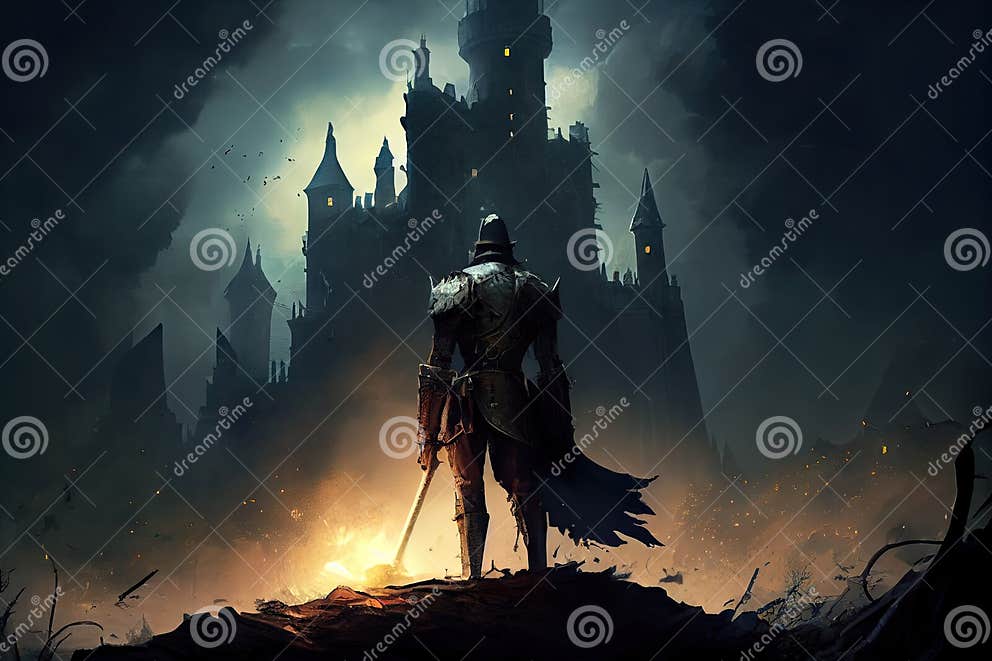 A Lone Knight Storming a Dark and Foreboding Castle, Surrounded by His ...