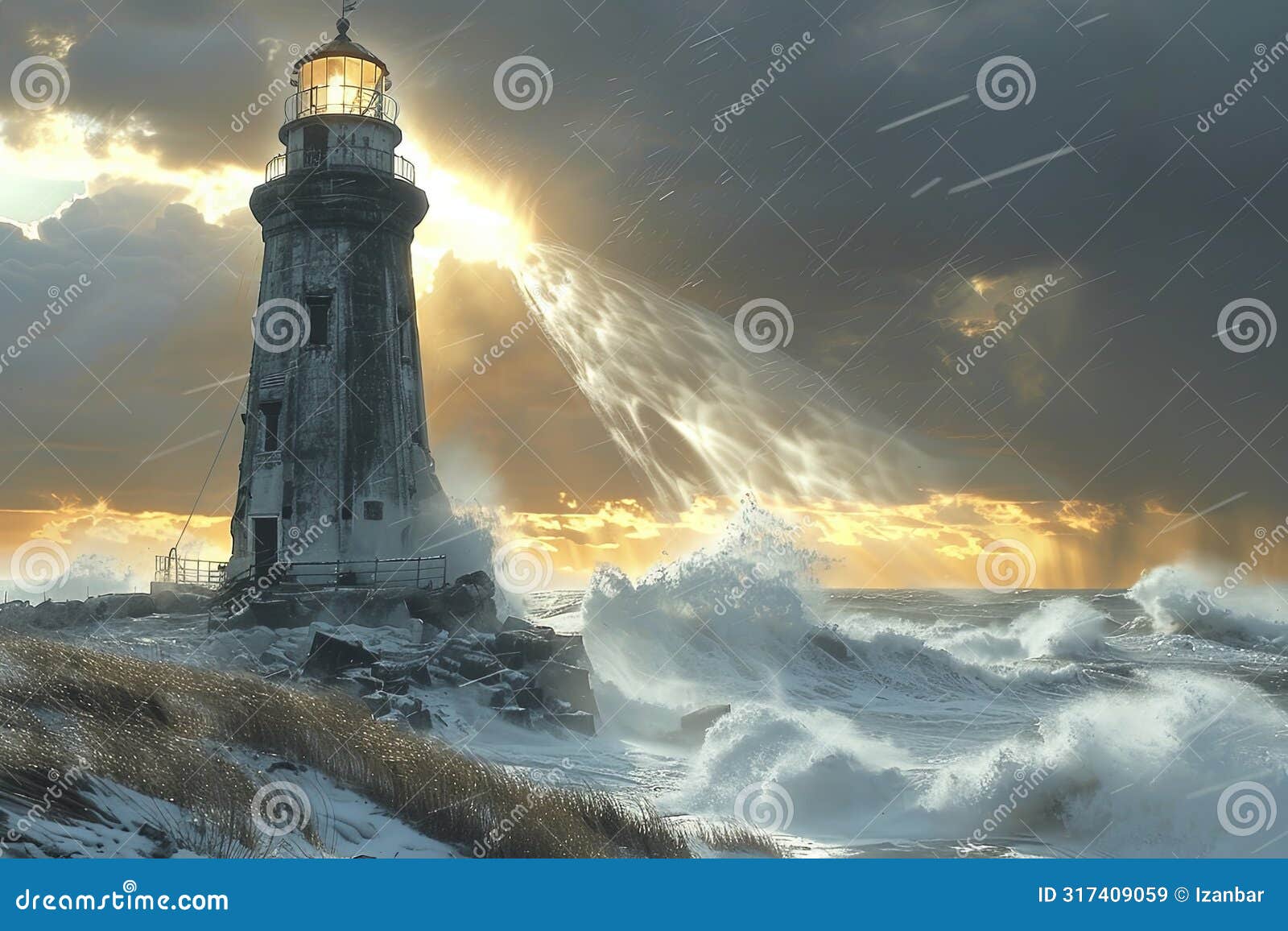 Lone Lighthouse Stands Sentinel Against the Crashing Waves Illustration ...