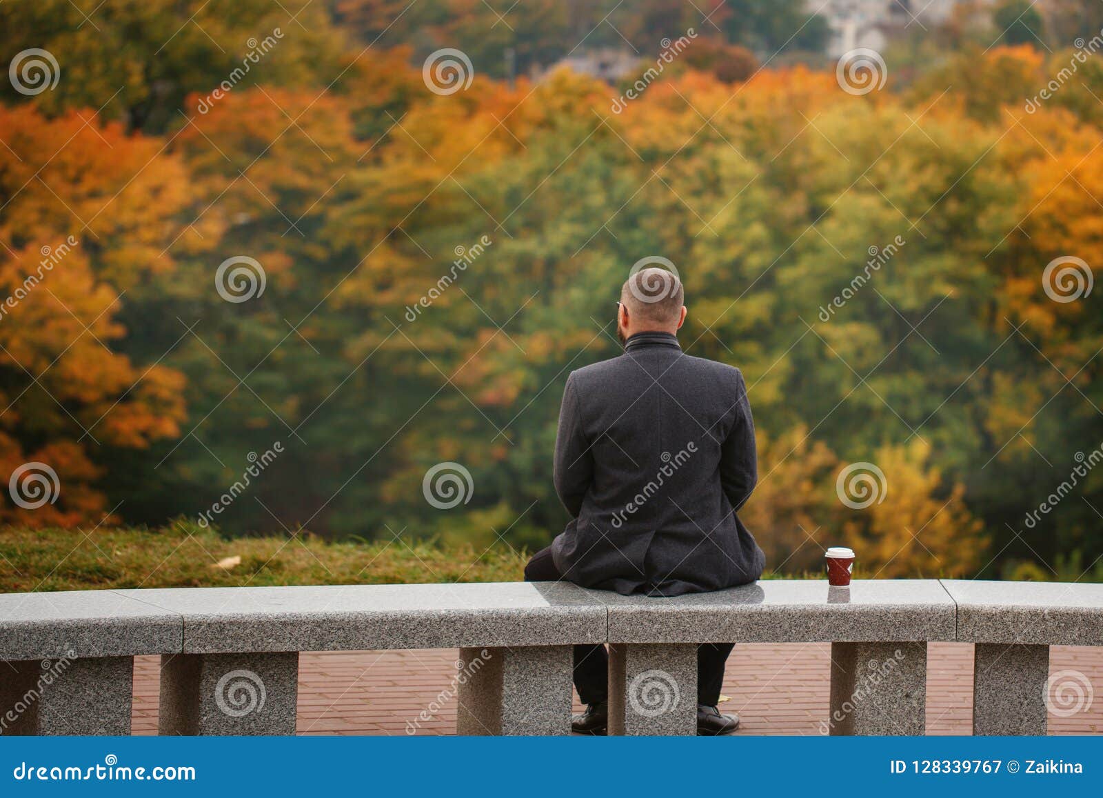 Lone Man Sitting on the Stone Bench and Looking at Nature. Back Stock ...