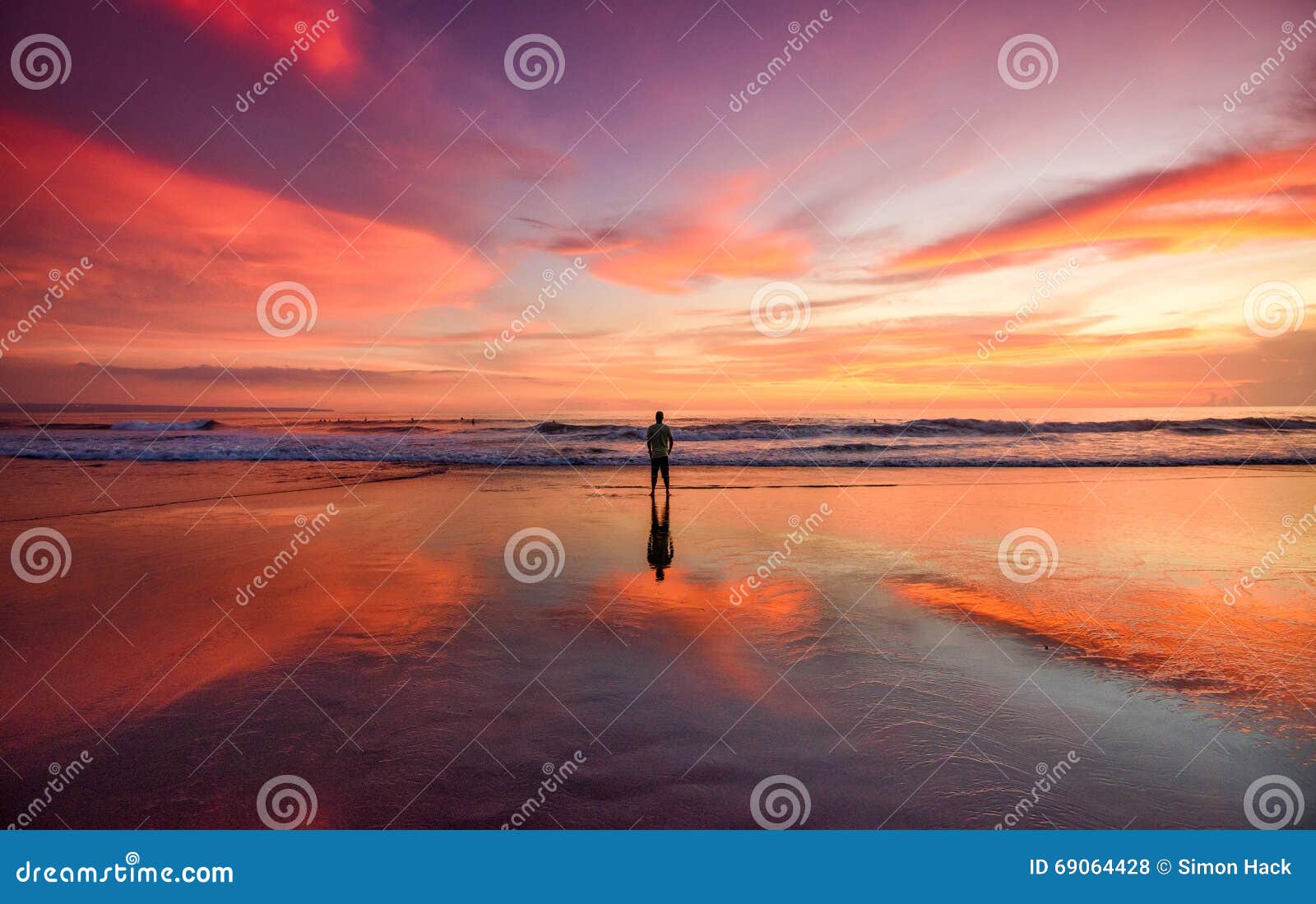 A Lone Man Standing on a Beach at Sunset Stock Photo - Image of orange ...