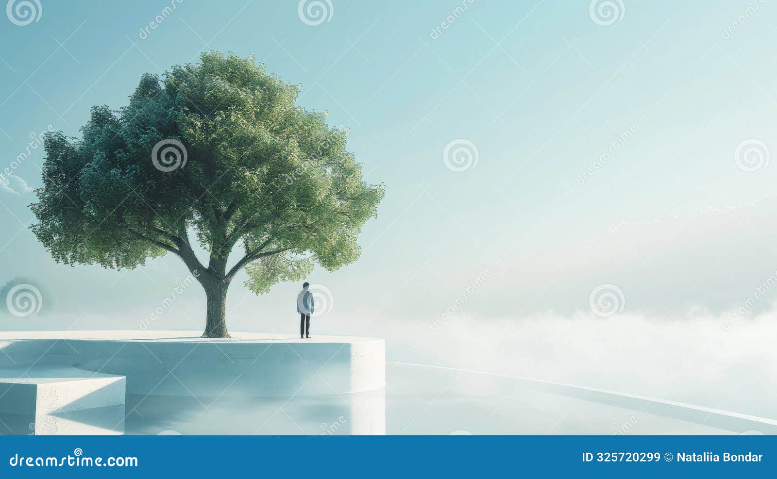 Lone Man Standing Near Tree Overlooking Clouds on Minimalist Landscape ...