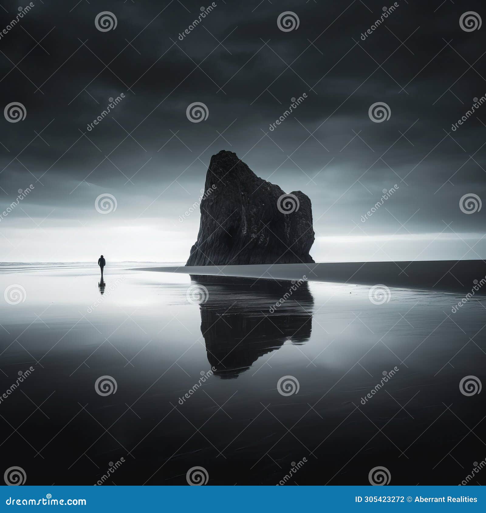 A Lone Person Standing on the Beach in Front of a Large Rock Stock ...