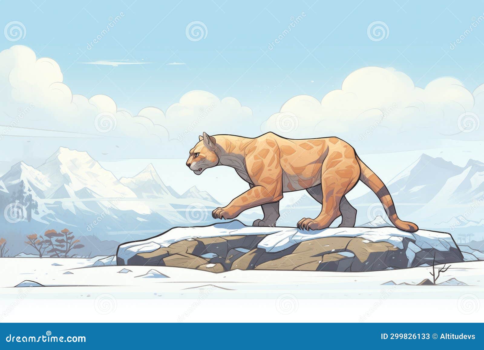 Lone Puma Prowling at the Edge of a Snow-capped Mountain Stock Image ...