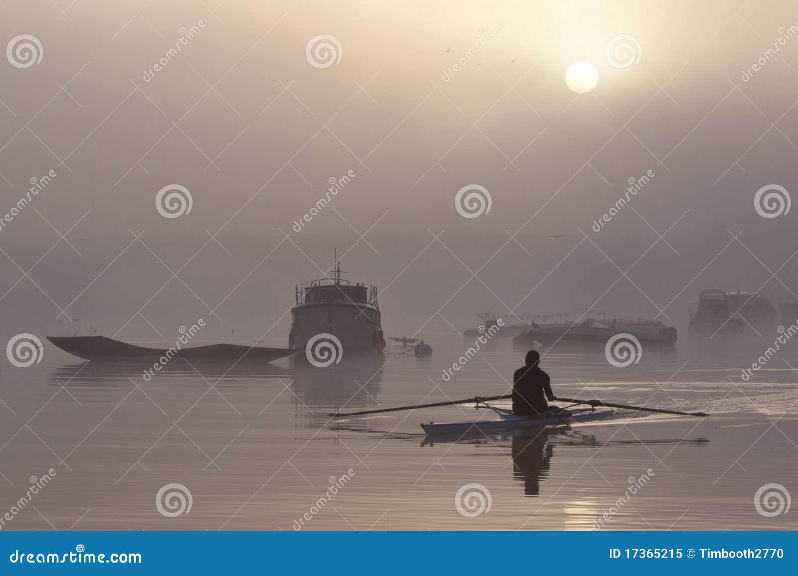 Lone Rower on River at Misty Sunrise Stock Image - Image of sports ...
