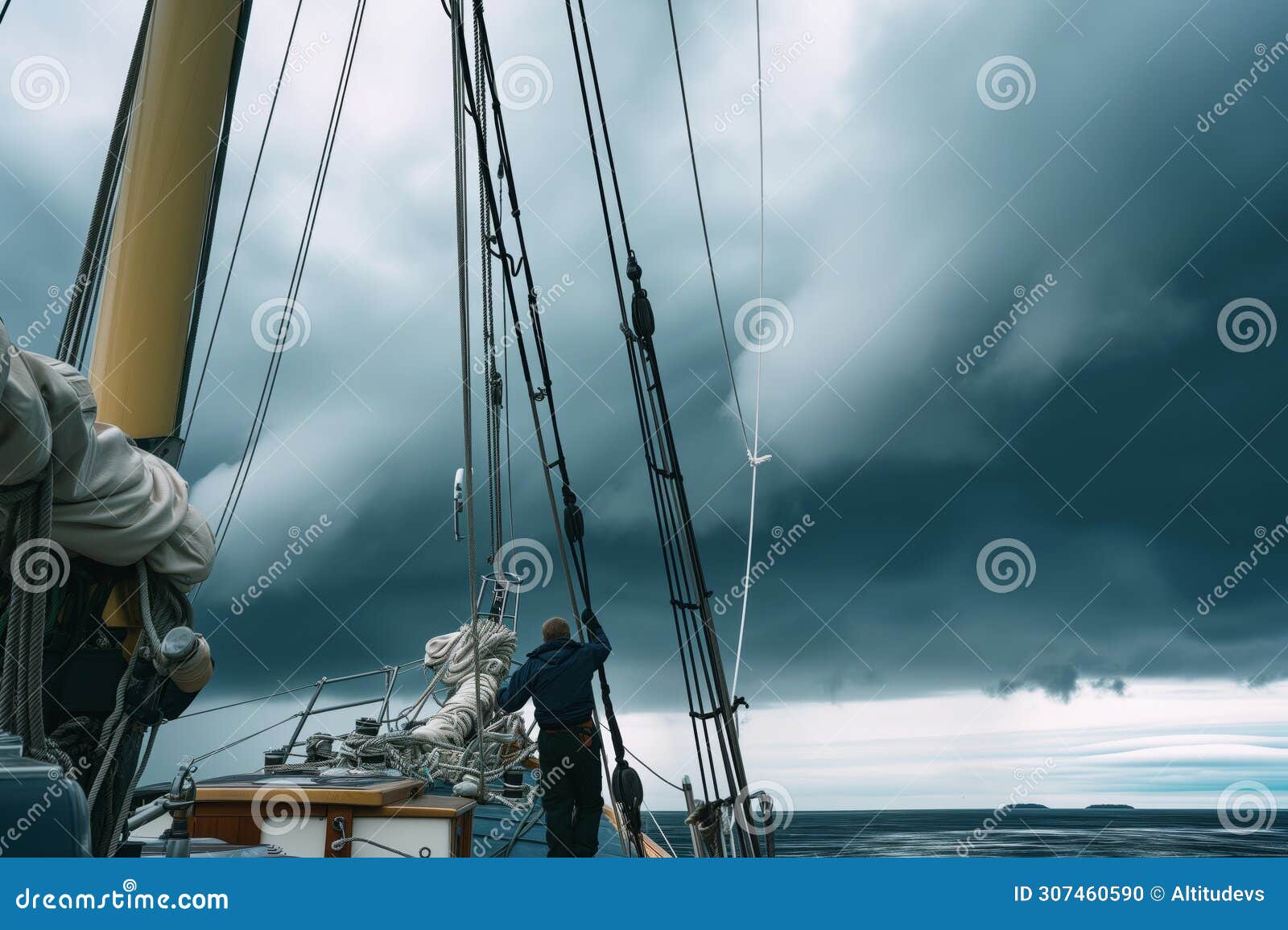 Lone Sailor Adjusting the Rigging with Approaching Storm Clouds Stock ...