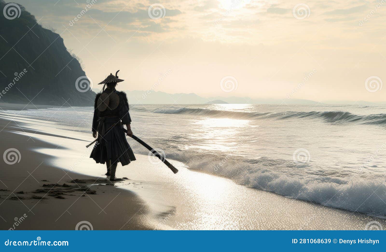 Samurai Warrior Standing Alone on Sandy Beach Creating Using Generative ...