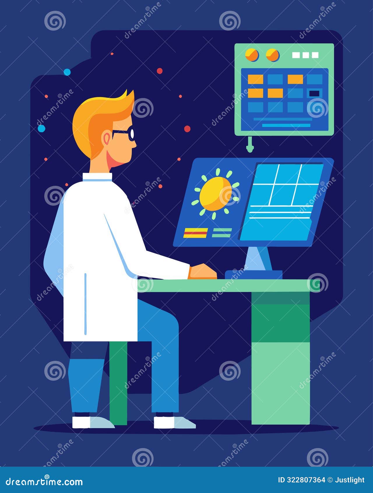 A Lone Scientist Carefully Monitors a Complex Set of Data on a Computer ...