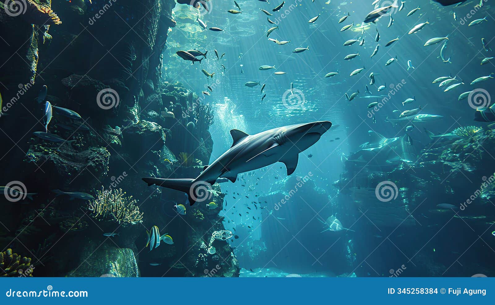 A Lone Shark Swims through a School of Fish in a Clear Blue Ocean with ...