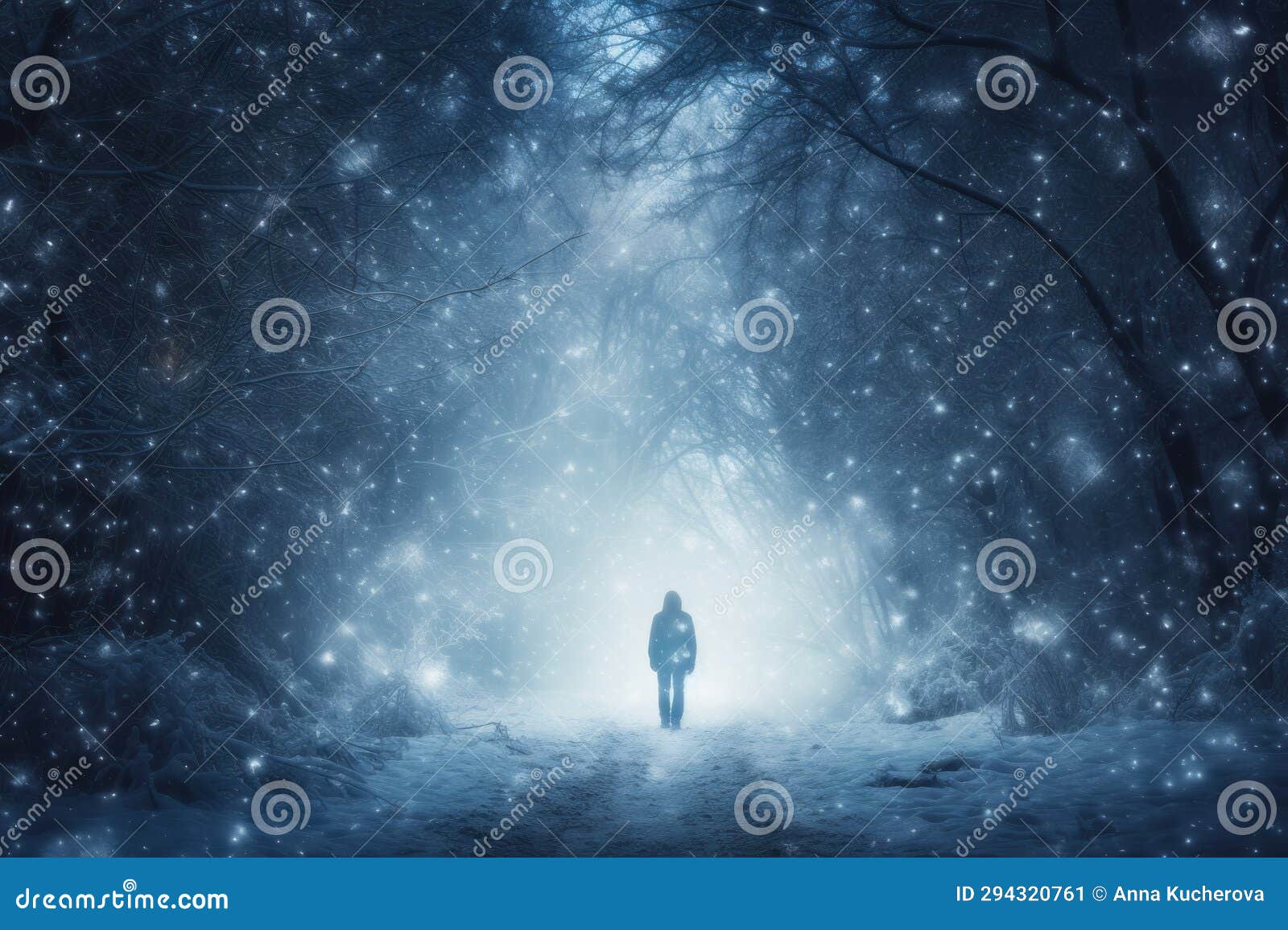 A Lone Silhouette Stands Amidst on a Path in Winter Forest in Heavy ...
