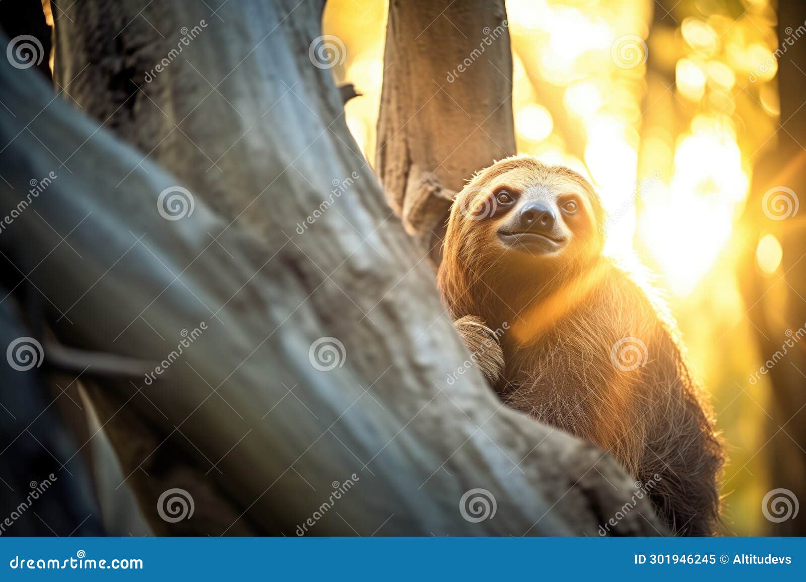 Lone Sloth Highlighted by a Shaft of Sunlight through Trees Stock ...