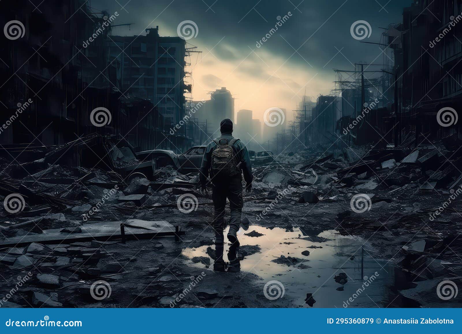 Lone Soldier Walking in Destroyed City Stock Illustration ...